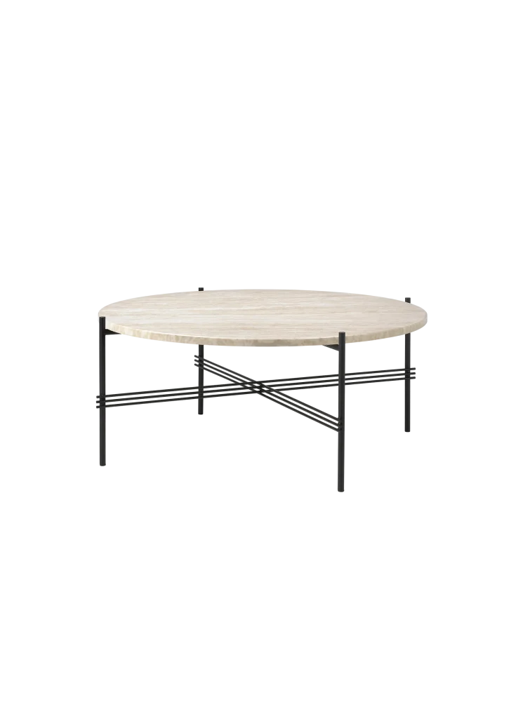 TS Coffee Table, Top: Neutral White Travertine, Base: Black, Round - Clay